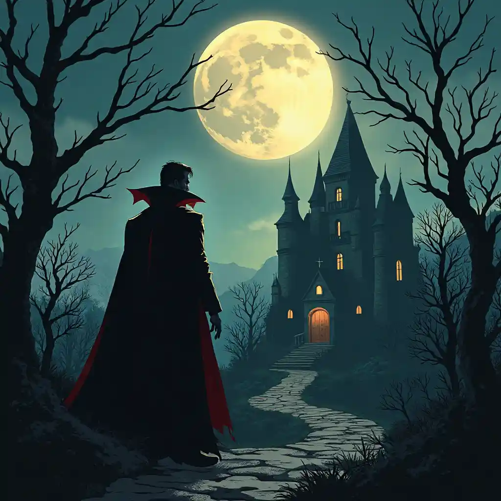 A Dark Illustration of Dracula at the Castle