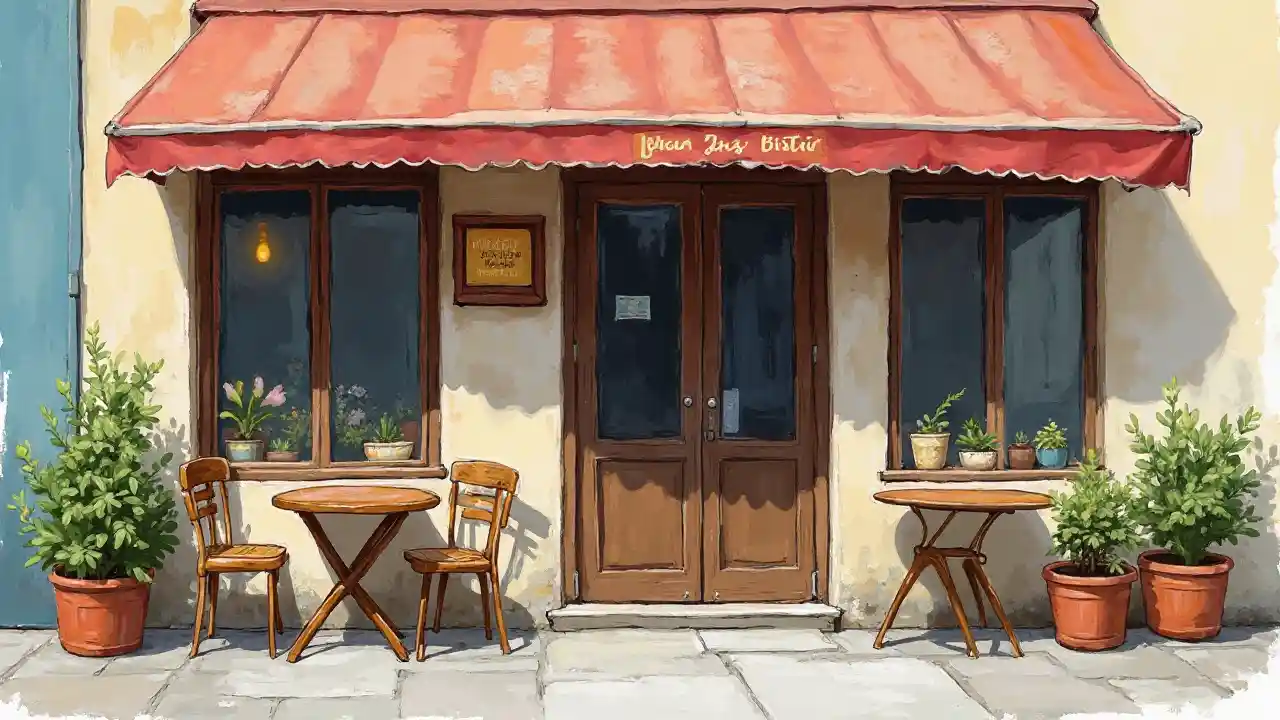 Charming Bistro Scene with Colorful Exterior Elements