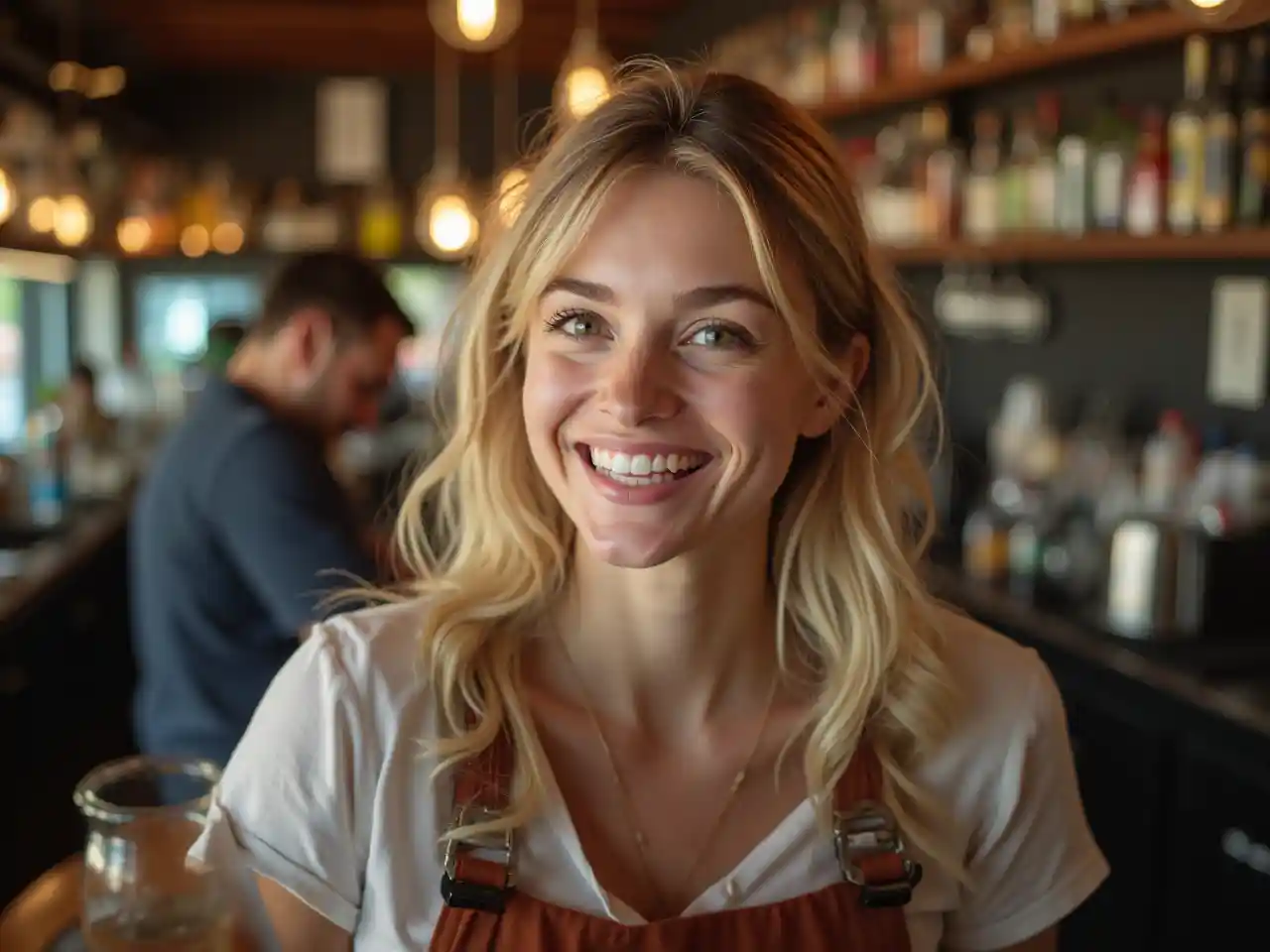 Smiling Young Woman Enjoys Time at a Busy Bar