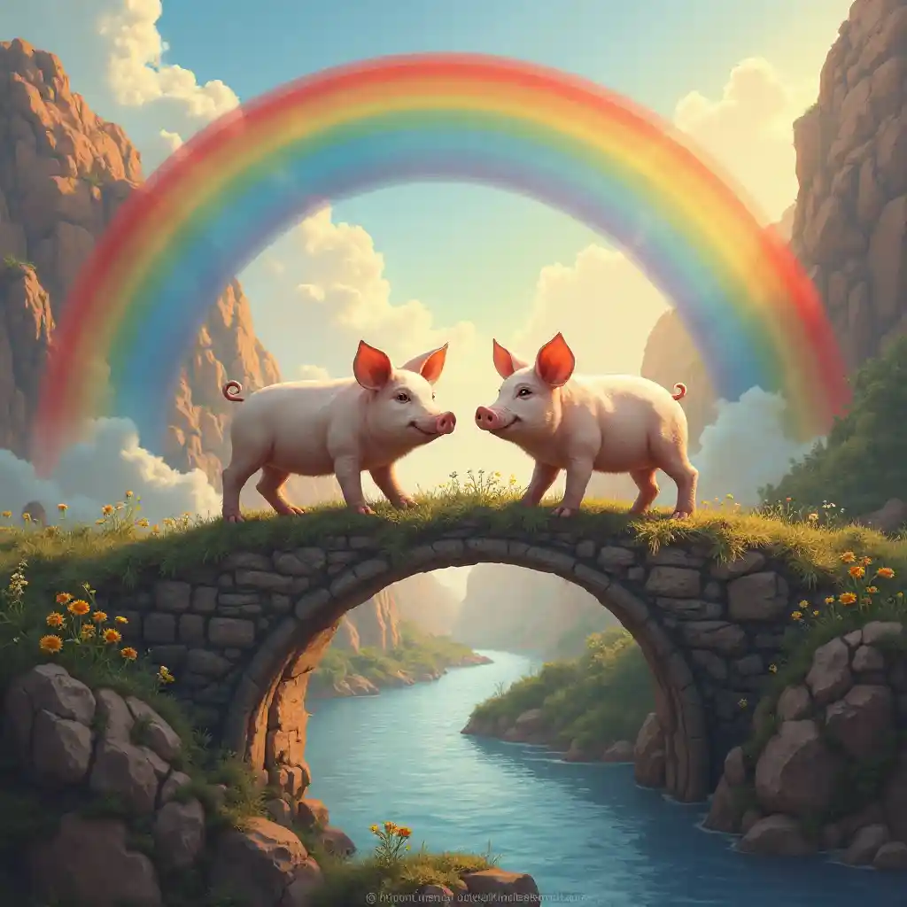 Two Pigs Journeying Across the Colorful Rainbow Bridge