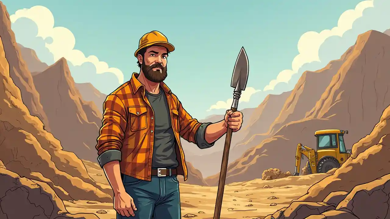 Man with Beard in Flannel Shirt at Mining Site Holding Shovel