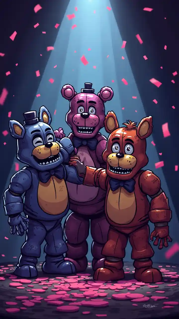 Cartoon Style Illustration of FNAF Animatronics Performance