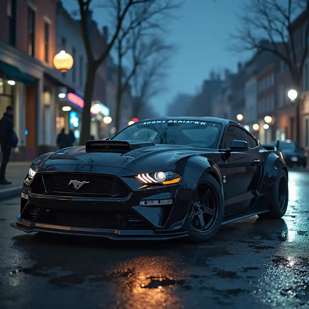 Armored Cyberpunk Ford Mustang on Moonlit Street