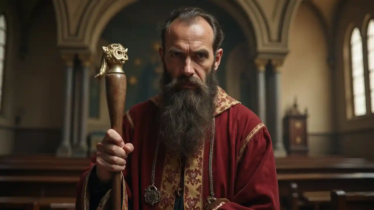 A Menacing Medieval Priest with a Staff in a Church