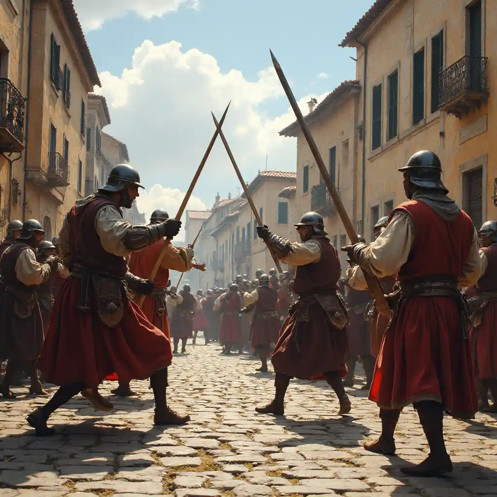 A Dramatic Street Battle in a Historical Renaissance City