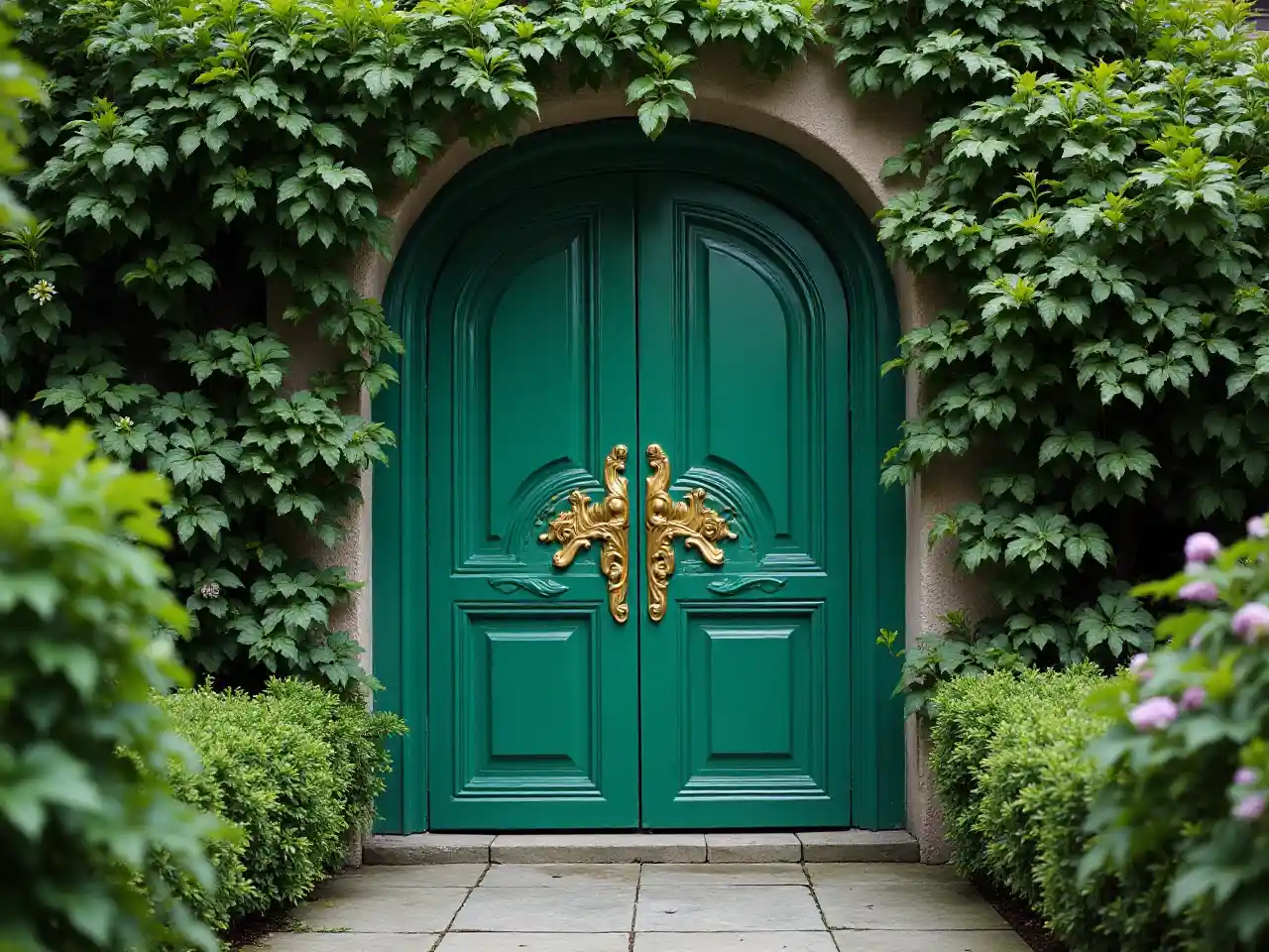 A Beautiful Emerald Wooden Door with Golden Designs