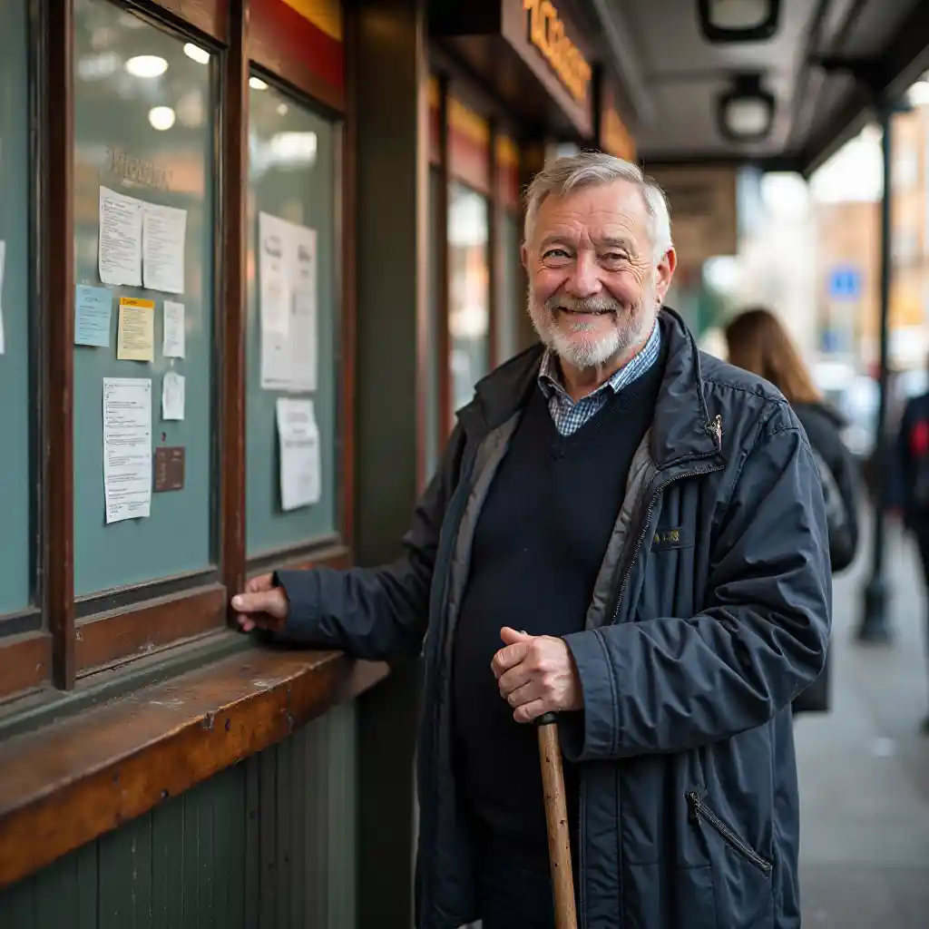 Elderly Man Enjoys His Time at the Ticket Booth