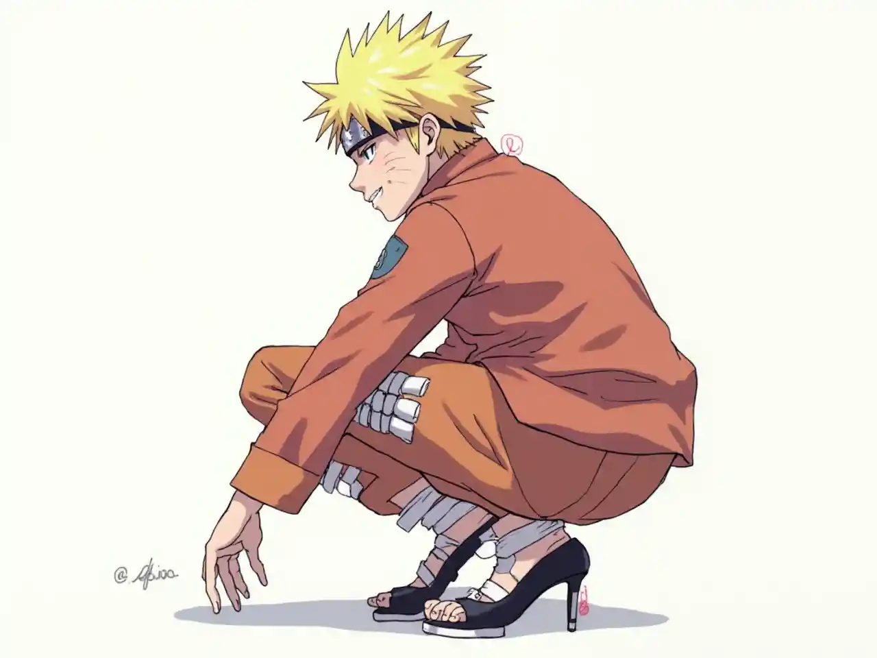 Dynamic Crouching Naruto Uzumaki in High Heels Art