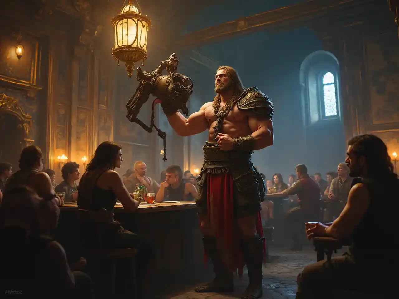 A Muscular Barbarian Lifts a Chair in a Fantasy Pub