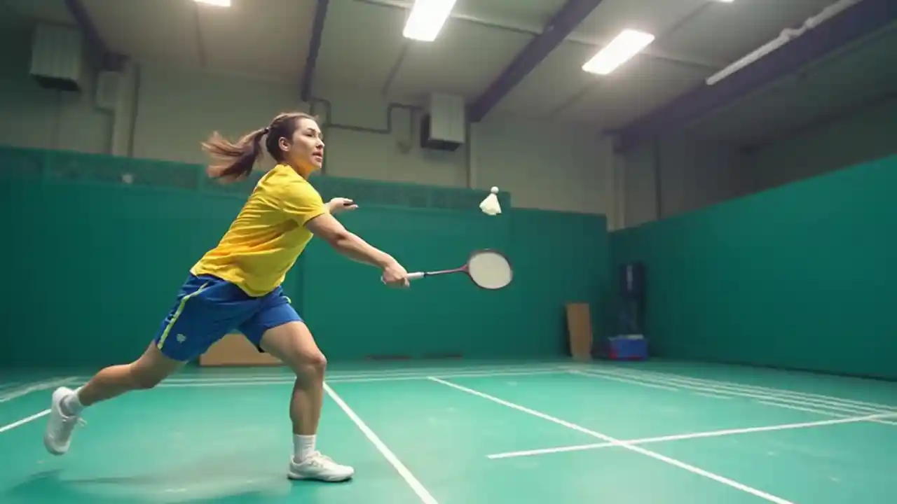 A Badminton Player Strikes the Shuttlecock on Court