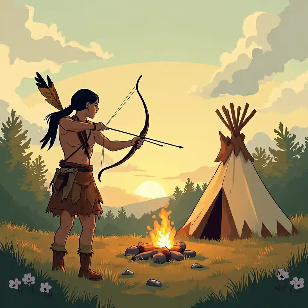 Illustration of Native American Hunting with Bow and Arrow