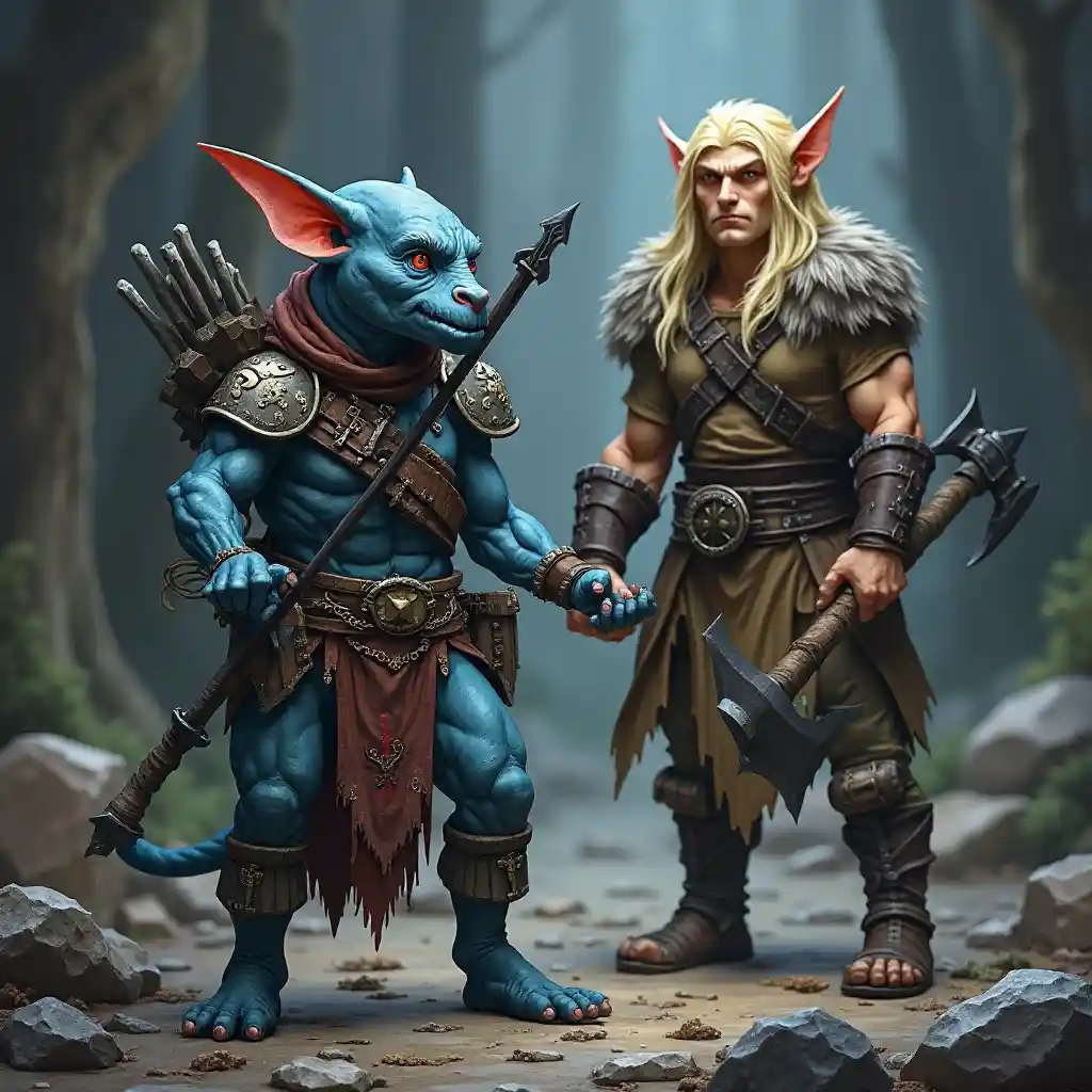 Ready for Battle: The Blue Kobold Archer and Half-Elf Barbarian