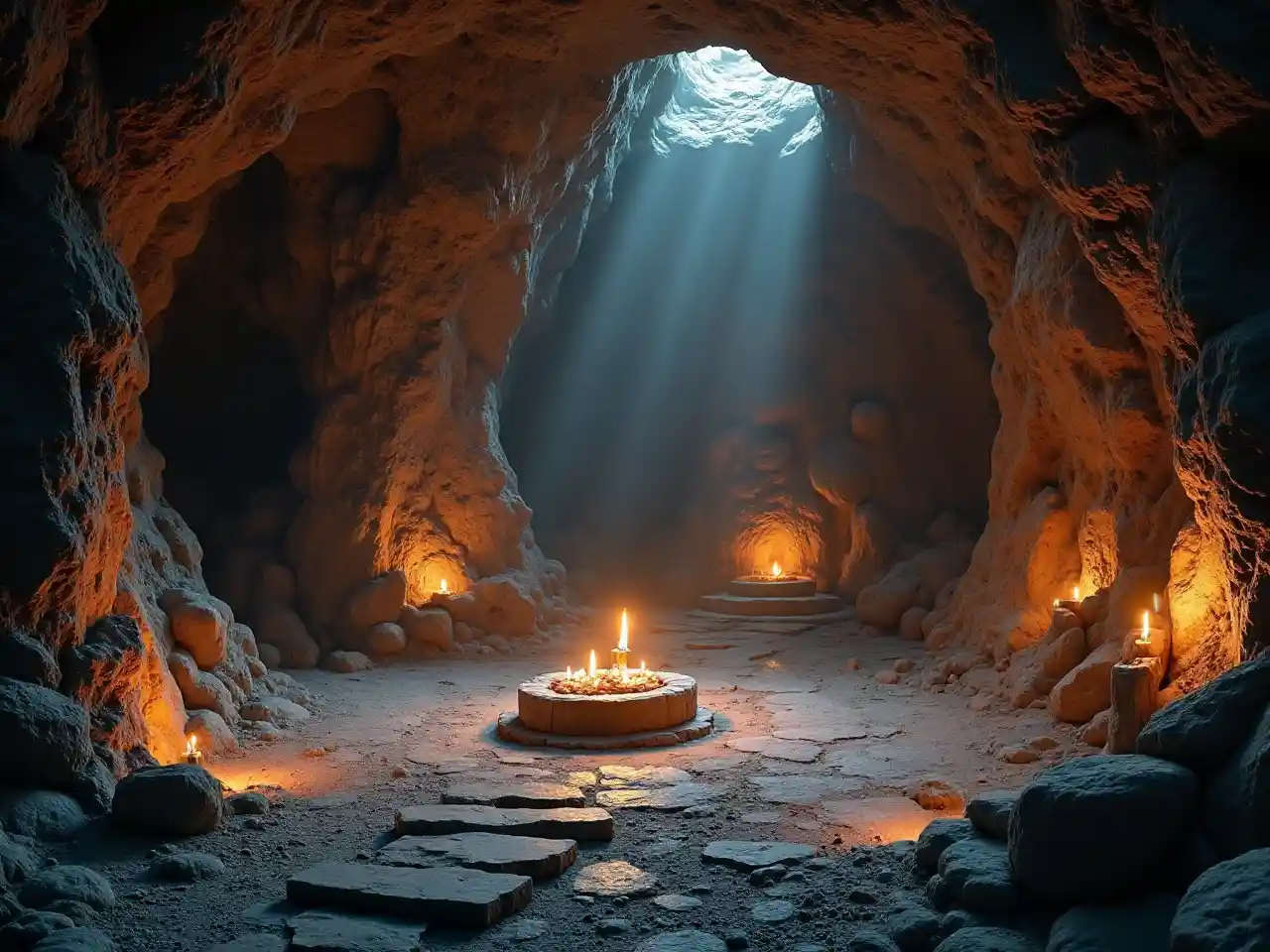 Exploring an Intricate Japanese Cave with Traditional Torches