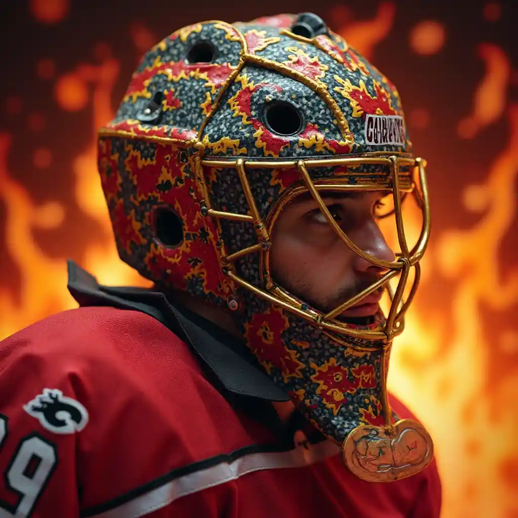 A Unique Goalie Helmet Featuring Charmander and Flames