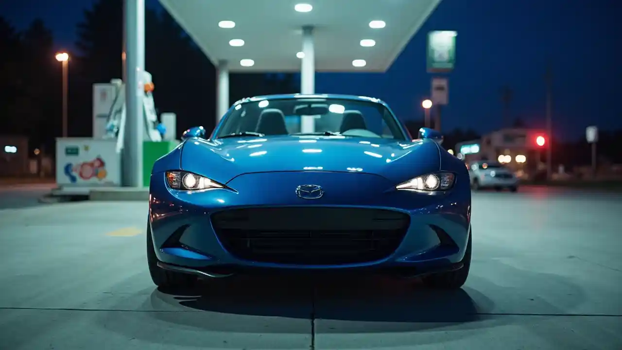 Low Angle View of Blue Mazda Miata at Night