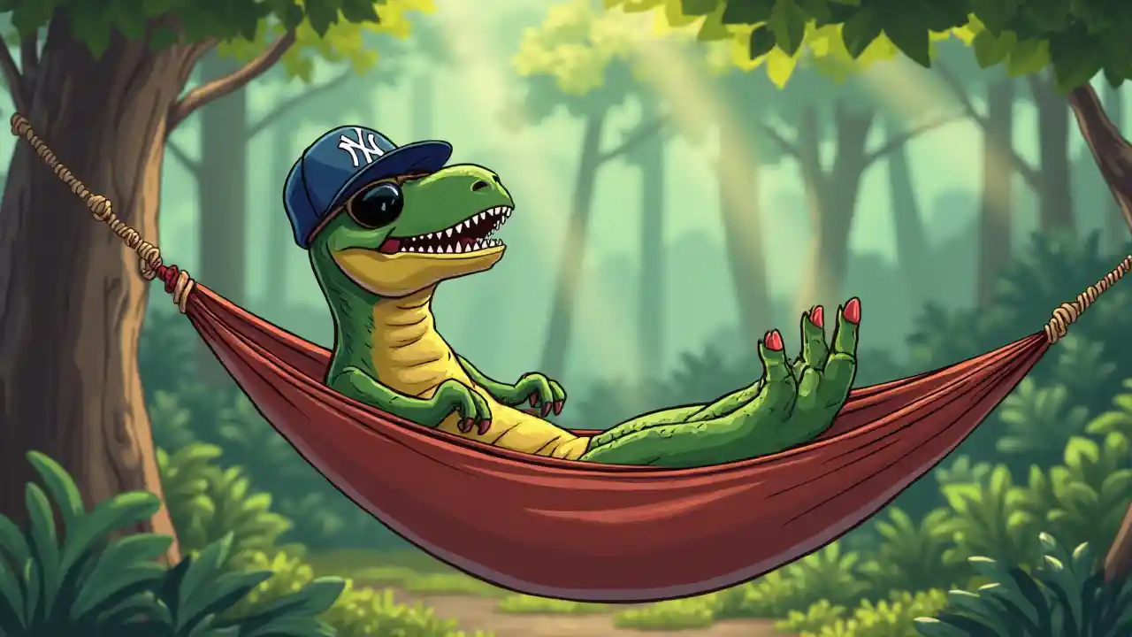 Relaxing T-Rex in Hammock Wears Yankees Hat