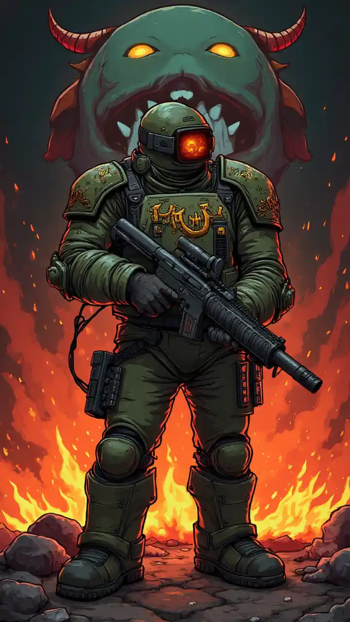 Doomguy Battles Demons with Shotgun in Fiery Scene