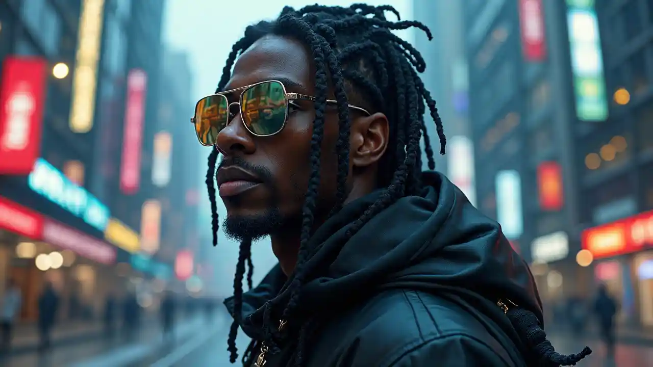 Futuristic Cyberpunk Portrait of a Black Man with Dreads
