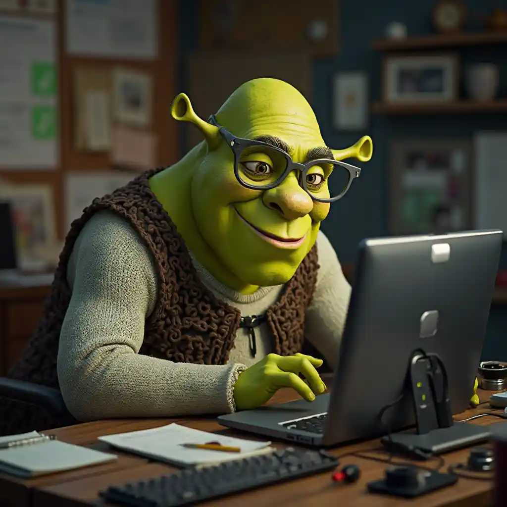 Shrek Engages in Coding at His Cluttered Desk