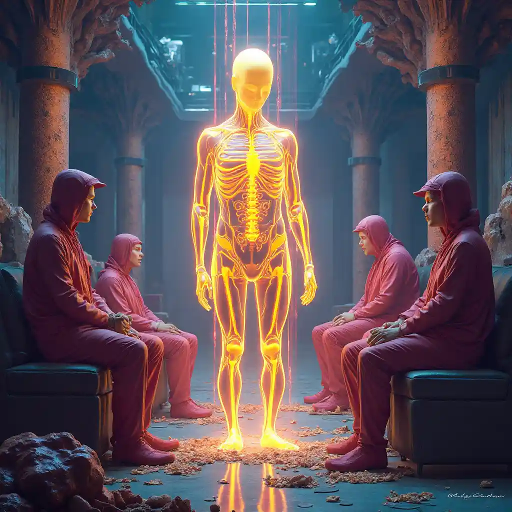 Vibrant Anatomical Figure in Psychedelic Futuristic Setting