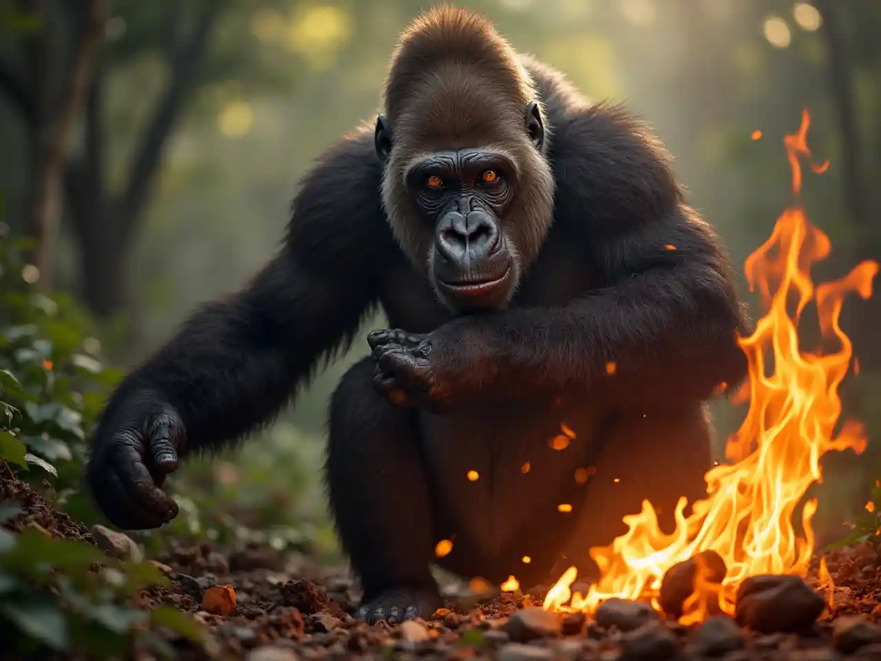 Gorilla Joyfully Celebrates the Incredible Discovery of Fire