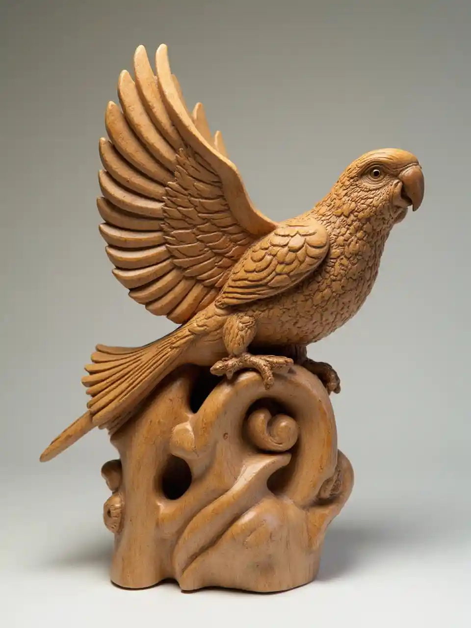 A Beautiful Olive Wood Carving of a Flying Parakeet