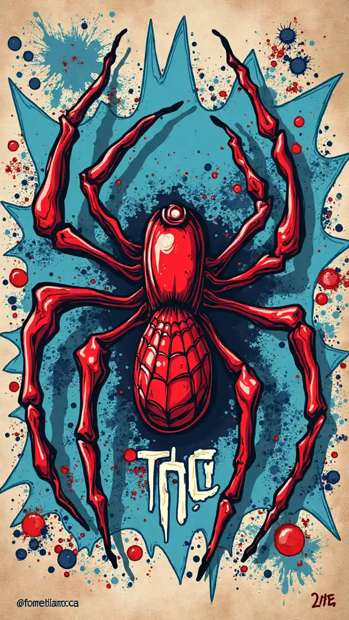 Stylized Red and Blue Spider in Graffiti Comic Art