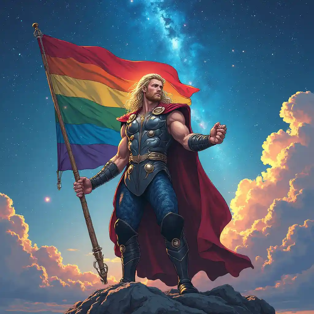 Thor Wielding Mjolnir Beneath a Vibrant Rainbow Flag