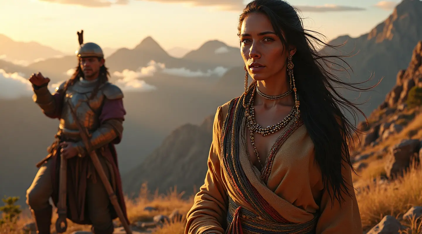 Epic Cinematic Scene of Inca Princess Defying Conquistador at Sunset