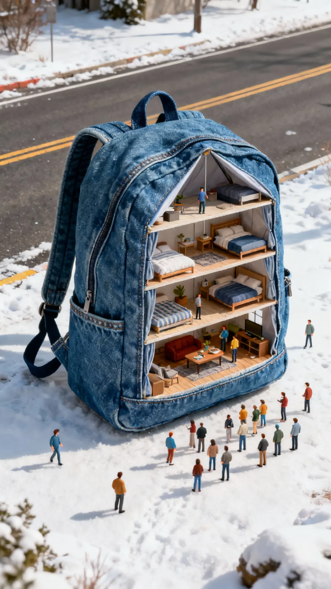 A Giant Denim Backpack Transformed into a Living Tent