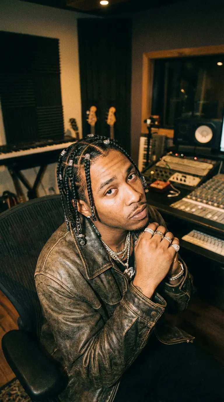 A Confident Rapper with Braided Hair Under Dramatic Lighting