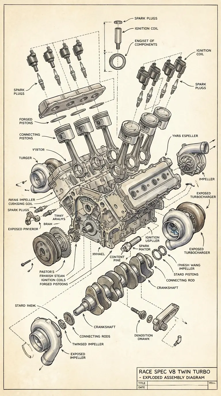 Intricate Exploded View of a High-Performance Racing Engine