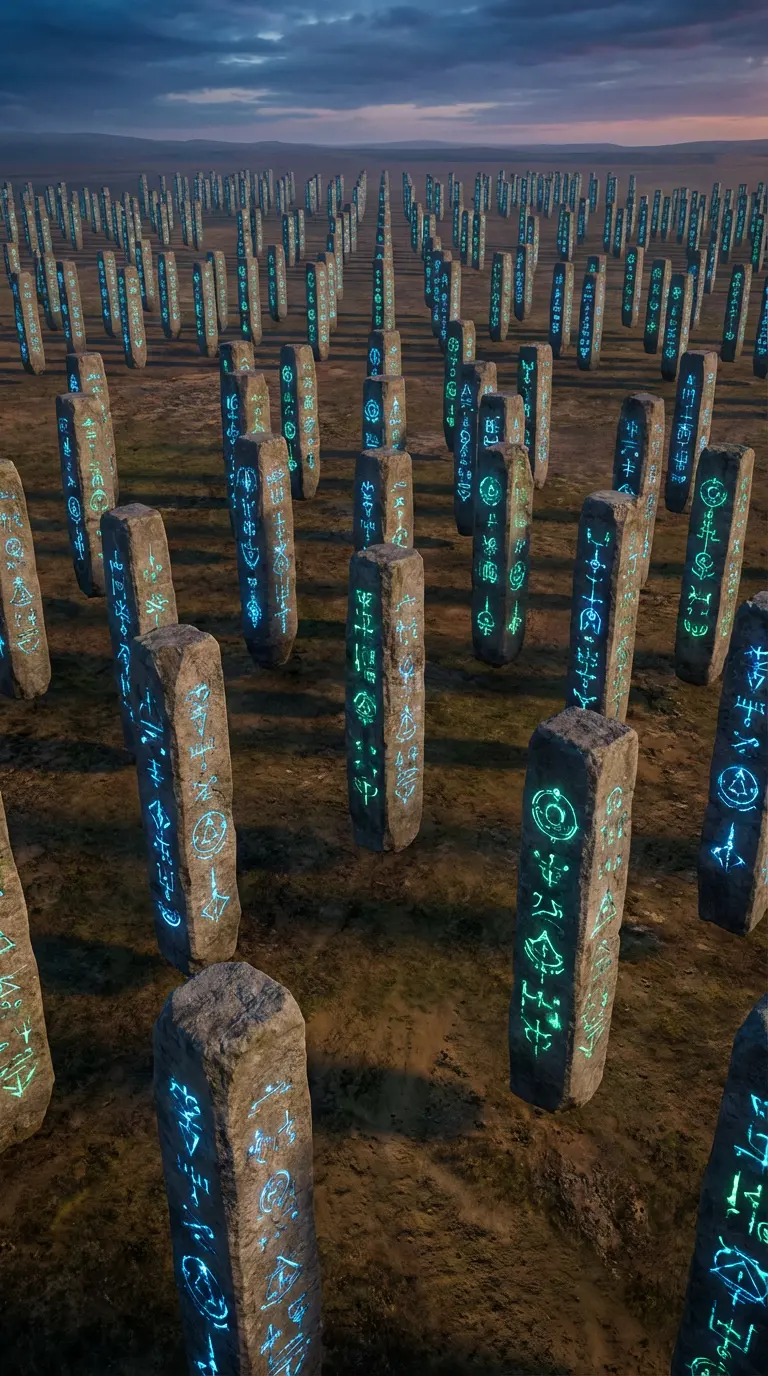 The Enigmatic Dance of Glowing Monoliths in Geometric Harmony