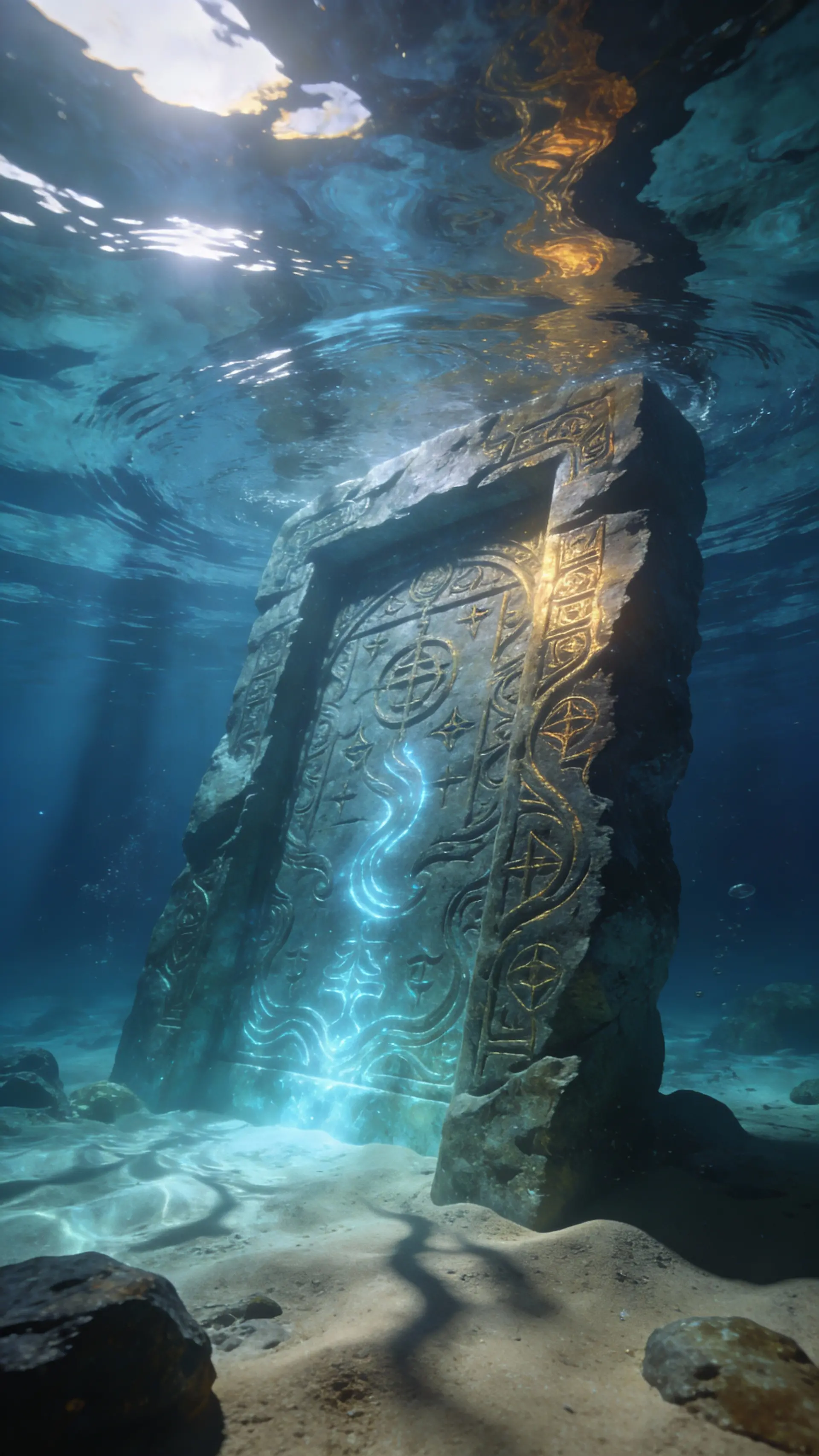 Mystical Submerged Gate Beneath Crystal-Clear Waters