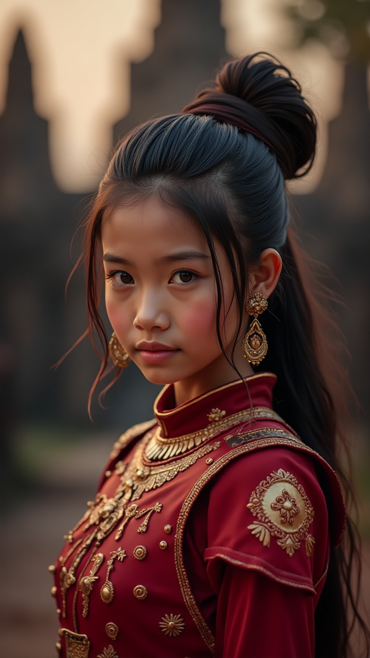 Khmer Girl in Red Armor at Angkor Wat
