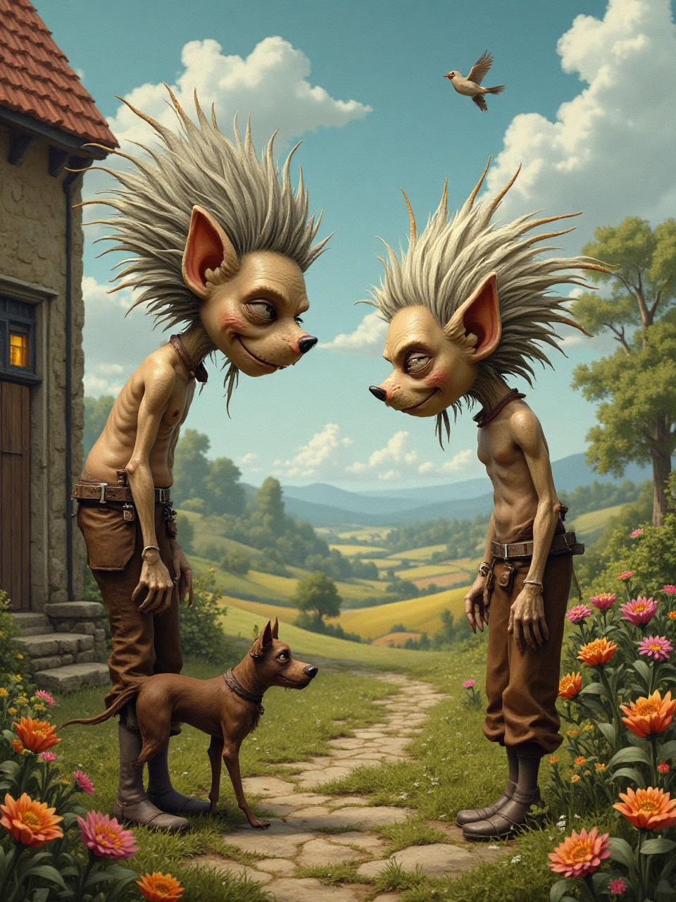 Fantastical Characters and Dog in Bosch-Inspired Scene