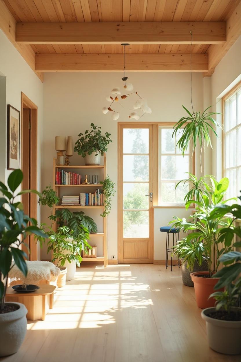 Sunny Light-Filled House Interior with Wooden Beams and Plants
