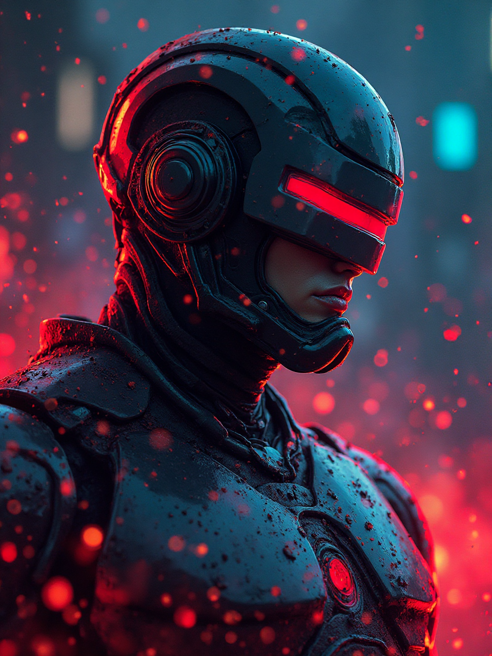 Robocop Neon Cyberpunk Poster with Dramatic Helmet