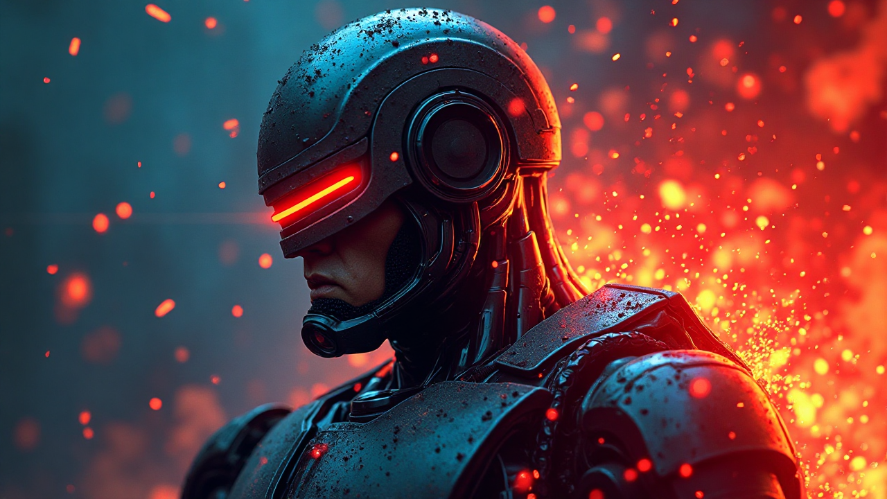 Robocop Neon Cyberpunk Poster with Explosion