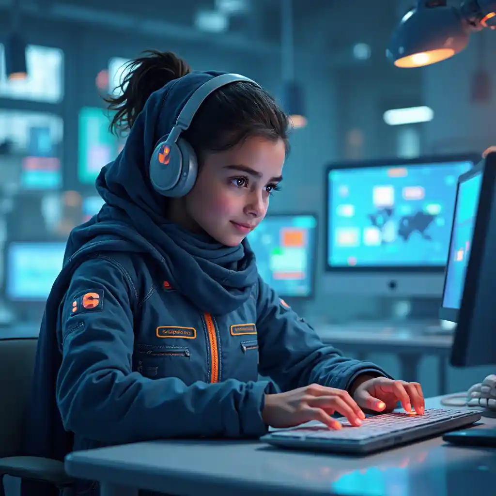 Middle Eastern Girl Coding in Futuristic Lab