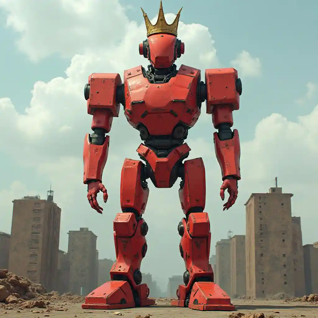 Crowned Red Robot Over Buildings