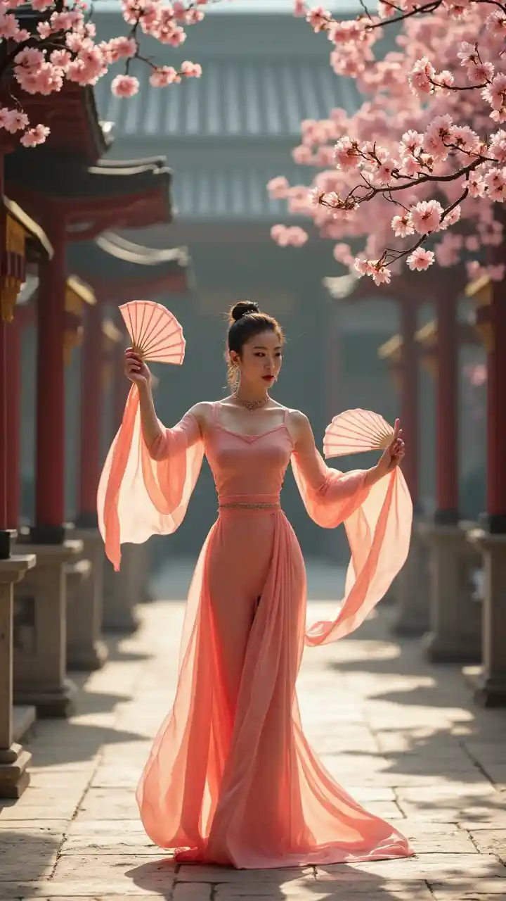 Asian Woman Fan Dance in Temple Courtyard