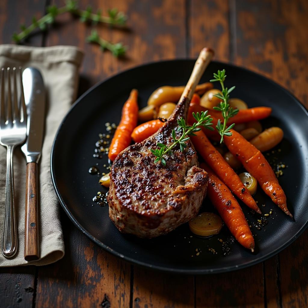 Rustic Lamb Chop Table Setting with Fresh Thyme