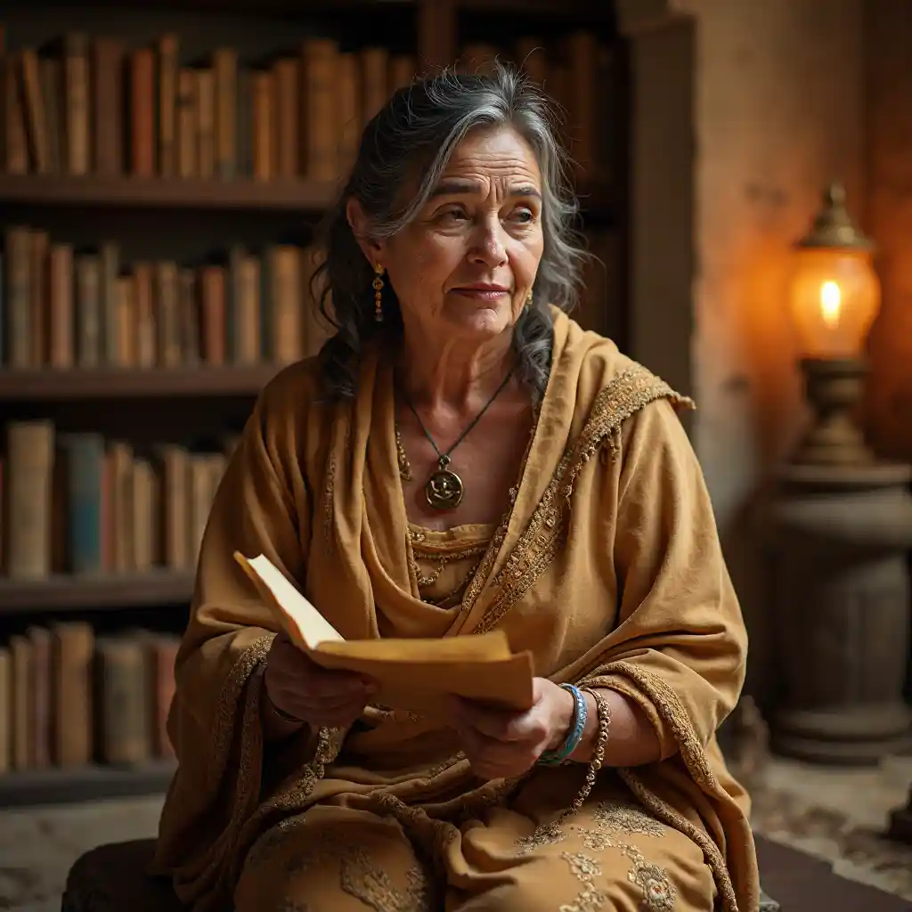 Wise Woman Reading in Desert Library