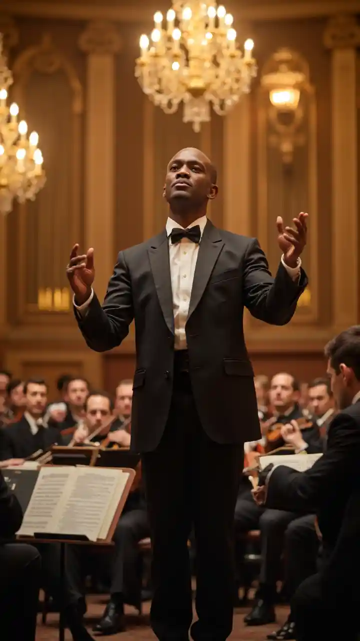 Black Conductor Leading Orchestra in Grand Hall