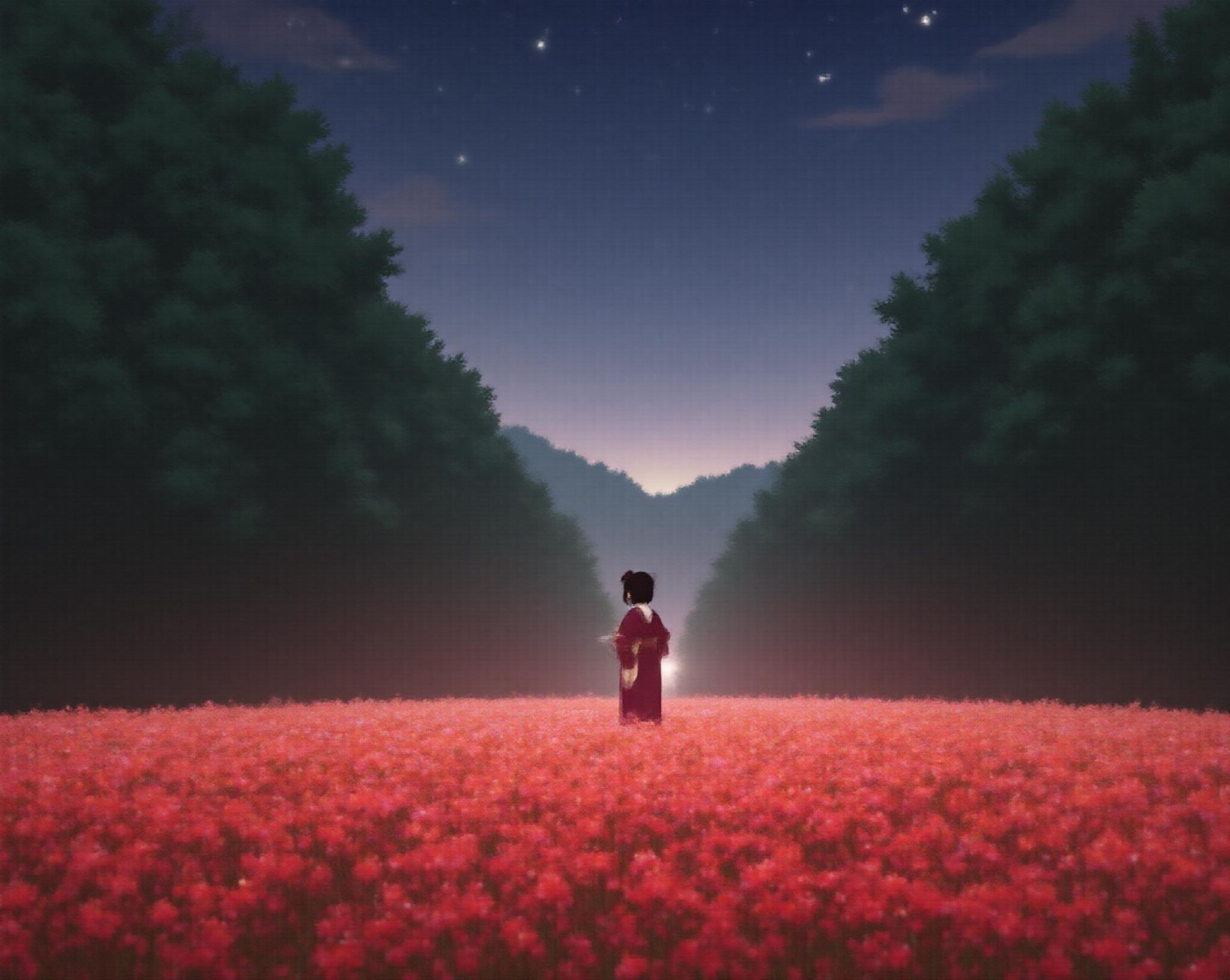 Red Spider Lily and Foggy Green Forest Scene