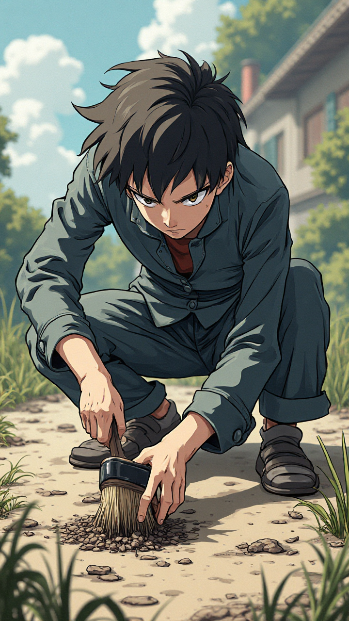Levi Ackerman Engaged in Intense Cleaning in Anime Style