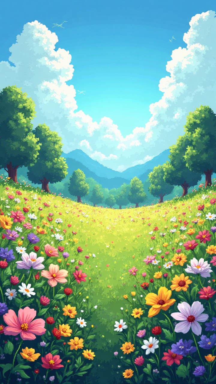 Vibrant 8-bit Pixel Art Meadow Scene dengan Bunga