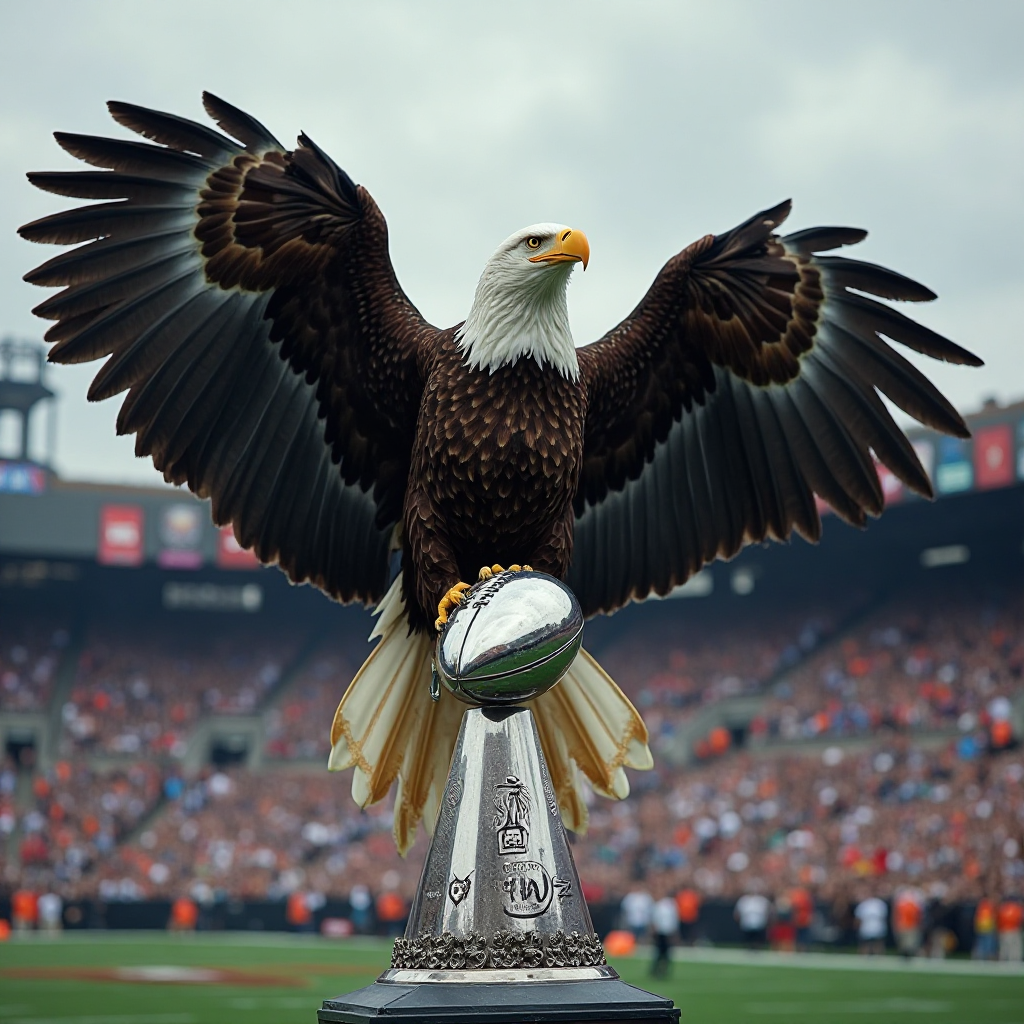 Majestic Bald Eagle Perched on Super Bowl Trophy